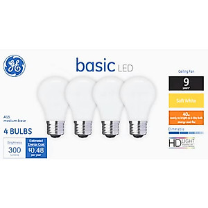 (4 Bulbs) GE Basic LED A15, Dimmable, 40 watt Equivalent, Soft White, HD Light, Medium Base Ceiling Fan LED Light Bulb