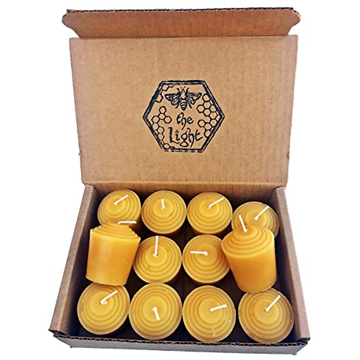 BeeTheLight Votive Candles (Pack of 12) - Unscented - 15 Hours Burn Time Each - Naturally Light Honey Scented - 100% Pure Beeswax Candles - Handmade Decorative Votive Candle Set