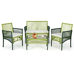 Tangkula 4 Pieces Outdoor Rattan Chair Set, Patiojoy Patio Wicker Conversation Set W/Soft Cushions, Tempered Glass Tabletop, Solid Metal Frame, for Backyard, Poolside, Balcony