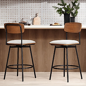 CHITA Swivel Counter Height Bar Stools with Back, Fabric Upholstered Barstools Set of 2, 27" Seat Height, Metal & Wood Frame, Cream