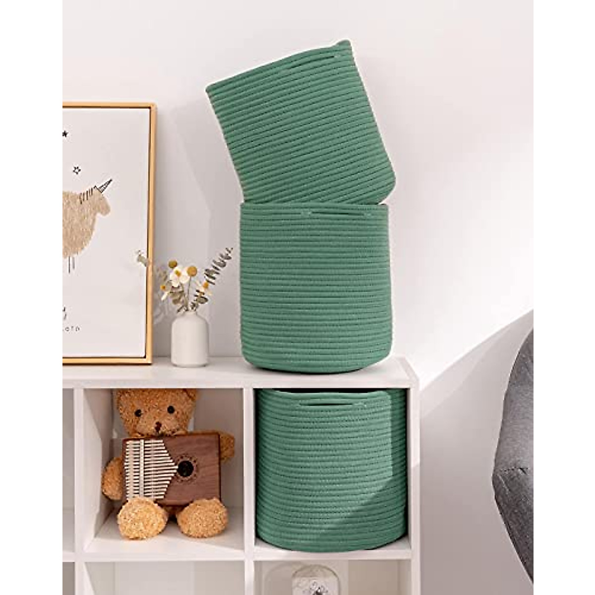 voten Storage Cubes Baskets Bins Organizer 11x11x11'' Fit 12x12''Cube Storage Organizer Bookcases Shelf,Durable Woven Cotton Storage Basket for Organizing,Round 3Pack Green