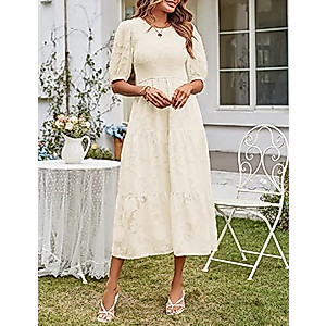 MEROKEETY Women's 2025 Casual Short Sleeve Smocked Dress Round Neck High Waist Ruffle Party Dresses,Beige,XXL