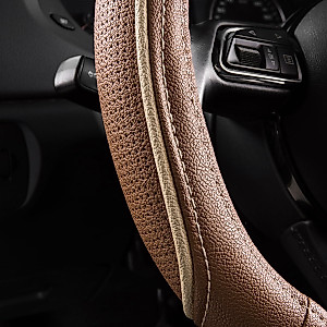 CAR PASS Line Rider Delux Leather Steering Wheel Cover, Universal Fit for Suvs,Sedans,Vans,Trucks for 14.5" to 15"(Brown & Beige)