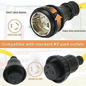 1.5FT NEMA SS2-50P to L5-30R Charger Power Adapter Cord, Cable Shore Power Adapter 125/250 Volt Marine Shore Power Twist Lock Male Plug for 50A Twist Lock Receptacle for RV, Yacht, Marine or Boat