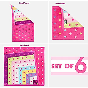 ORIGINAL KIDS 6 Piece Towel Set - Bath Time Sugar & Spice - 2 Bath Towels, 2 Hand Towels, 2 Washcloths in Bonus Tote Bag - 100% Cotton Jacquard Soft Absorbent Pool Beach Towel Gift - Pink Multicolor