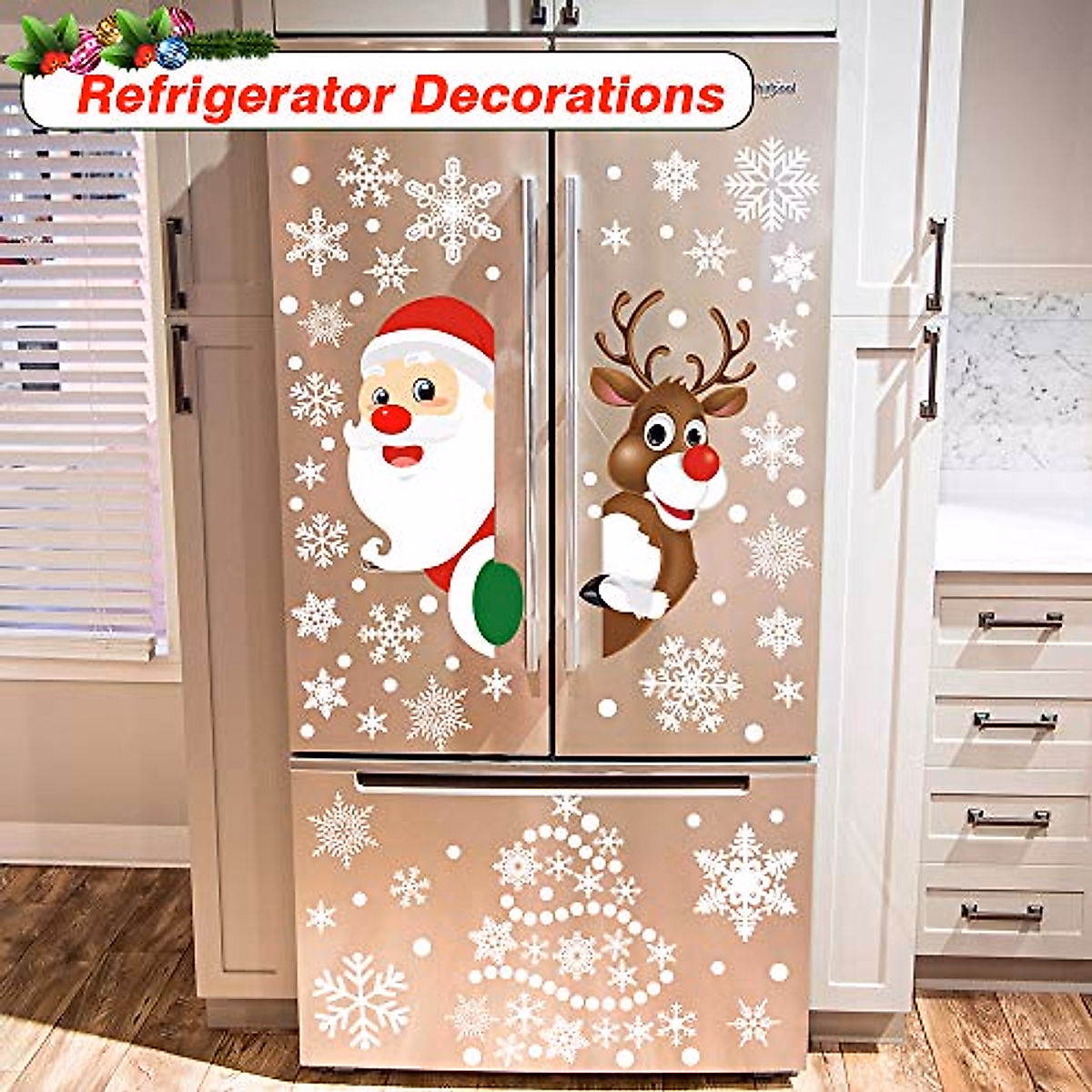 HINZER 310Pcs Christmas Window Clings Christmas Window Decorations Xmas Window Flakes Christmas Decals for Home Deer Santa Claus and Snowflakes