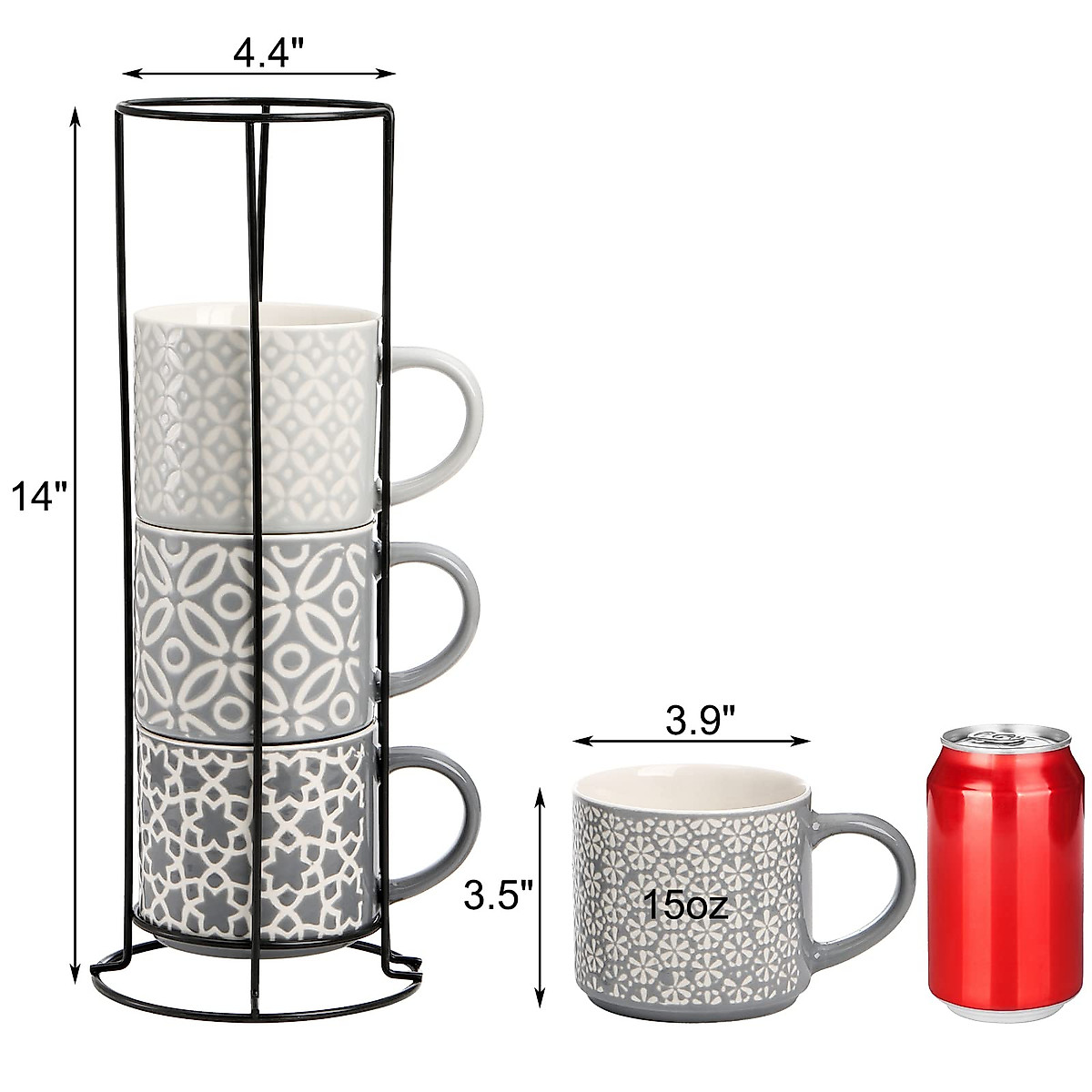 Hiceeden Set of 4 Coffee Mugs with Metal Stand, 15 oz Stackable Espresso Cups Ceramic Coffee Mugs for Cocoa, Latte, Americano, Cappuccinos or Beverages