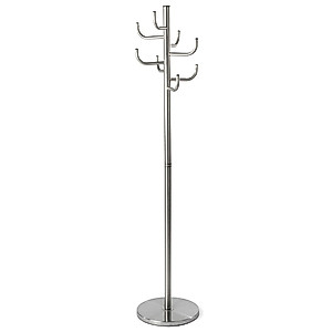 Displays2go Coat Racks with 8 Hooks, Weighted Base, Metal (Stainless Steel) – Brushed Silver Finish (CTHNGCRSV)
