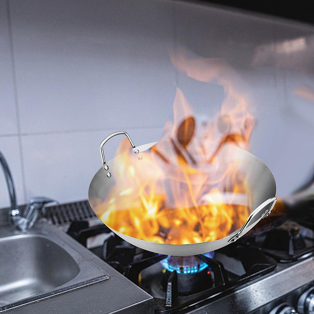 YWJLQH Stainless Steel Dual Handle Wok Pan for Grilling Crispy Potatoes and Omelettes, 30cm