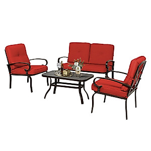 Oakcloud 4Pcs Metal Outdoor Furniture Patio Conversation Set (Loveseat and Coffee Table, 2 Dining Chair) -Wrought Iron Patio Chair Set with Cushions (Red)