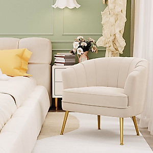 SHINEBOOM Velvet Accent Chairs for Living Room Bedroom Office Leisure Upholstered Single Sofa Chair Arm Chair Comfy Chair Reading Club Coffee Chair with Metal Legs, Beige