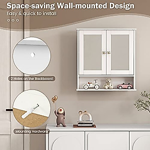 COSTWAY Bathroom Cabinet Wall Mounted - Over The Toilet Wall Storage Cabinet with 2 Mirror Doors and Adjustable Shelf, Hanging Medicine Cabinet for Bathroom, Living Room, Kitchen (White)
