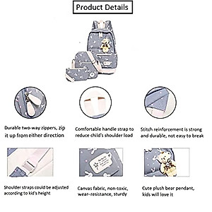 3Pcs Rabbit-Print Girls Canvas School Backpack for Elementary Middle Kids Bookbag with Pencil Case