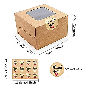 WYKOO 50 Pack 4 x 4 x 2.5 Inches Small Cookie Boxes with Window Brown Bakery Boxes Cake Boxes Kraft Pastry Boxes for Mini Cookies, Cupcakes, Dessert, Single Donut, Stickers Included