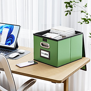 Huolewa Upgraded File Organizer Box with Lid, Collapsible Faux Leather Document Organizer, Hanging File Folder Box with Plastic Slide, Decorative Filing Box Cabinet for File and Folders Storage(Green)