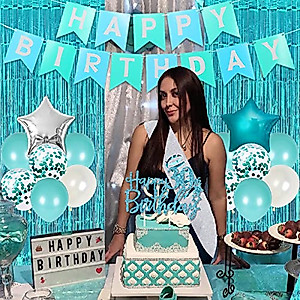 30th Birthday Decorations for Women Girls Teal - Queen Sash Happy Birthday Banner Cake Topper Number 30 Foil Balloon Foil Curtain for Turquoise Thirtieth Birthday Decorations Party Supplies for Her