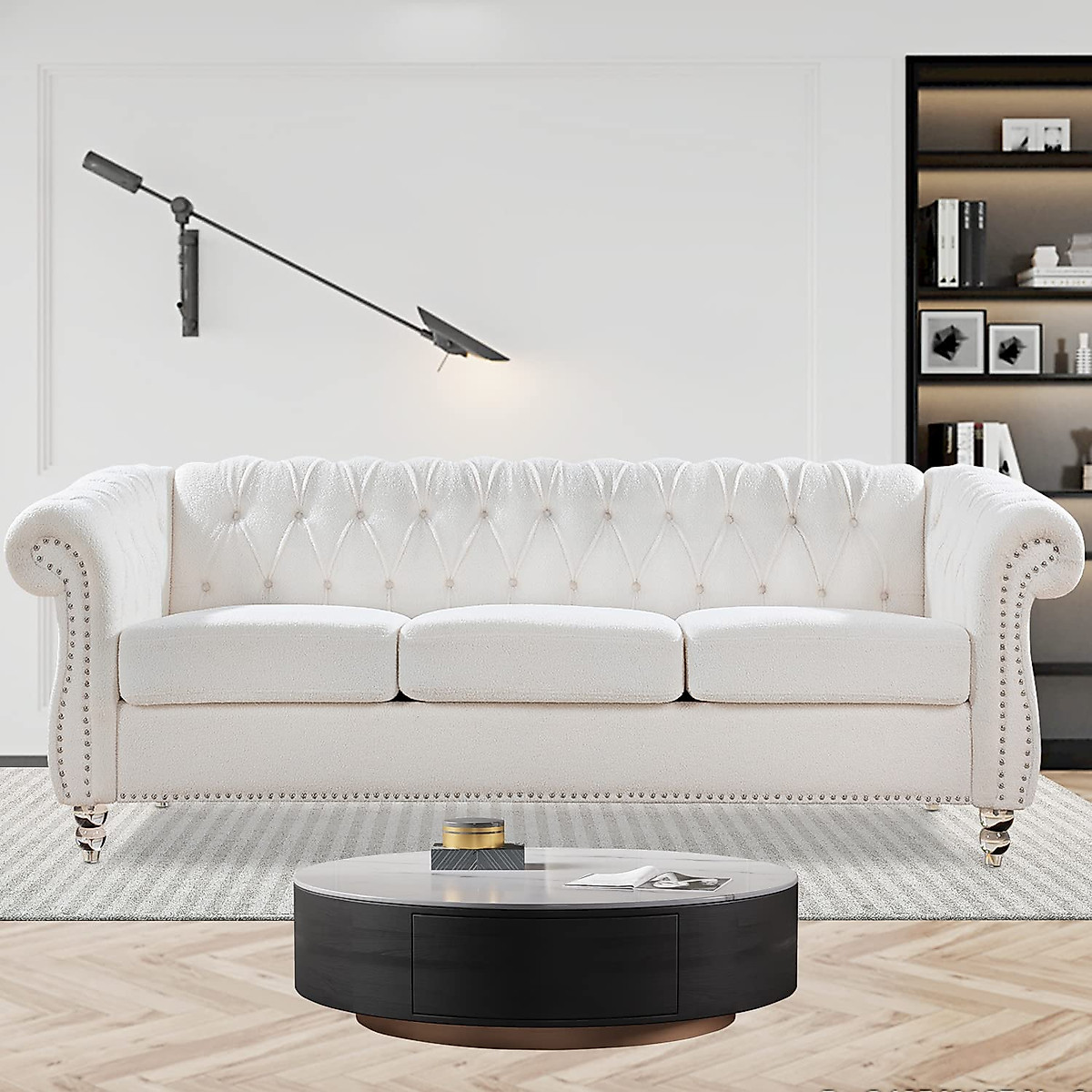 Vaztrlus White Velvet Couches for Living Room 3-Seater Chesterfield Sofa Tufted Sofa Furniture Couch Nailhead Upholstered Couches Minimalis Light Luxury Easy to Assemble