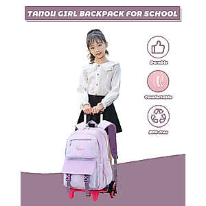 Tanou Rolling Backpack, Lightweight Backpacks with Wheels for Girls, 2023 Kids Roller Bookbags for School Travel, 16 Inch, Purple Star