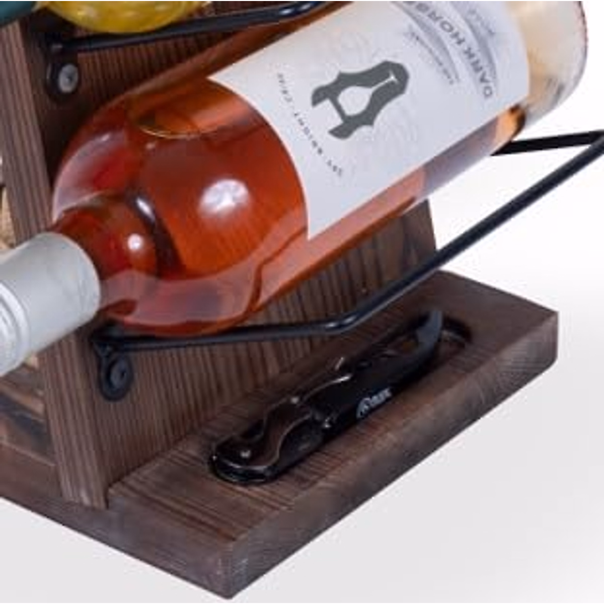 Rustic State Rueda Tabletop Wine Rack for 4 Bottles with 2 Stemware Glass Holder and Cork Storage Countertop Tray Freestanding Bar Organizer, Walnut