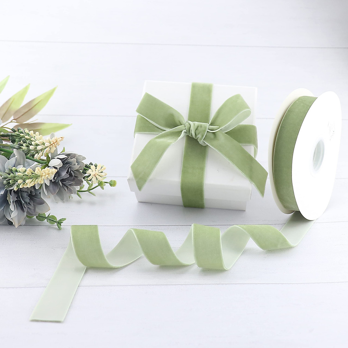 DINDOSAL Sage Green Velvet Ribbon 1 Inch Single Face Velvet Sage Green Christmas Ribbon for Tree Decorations, Gift Wrapping, Hair Bows, Choker, Wedding, Cafts, Bouquets, Baby Shower - 10 Yards
