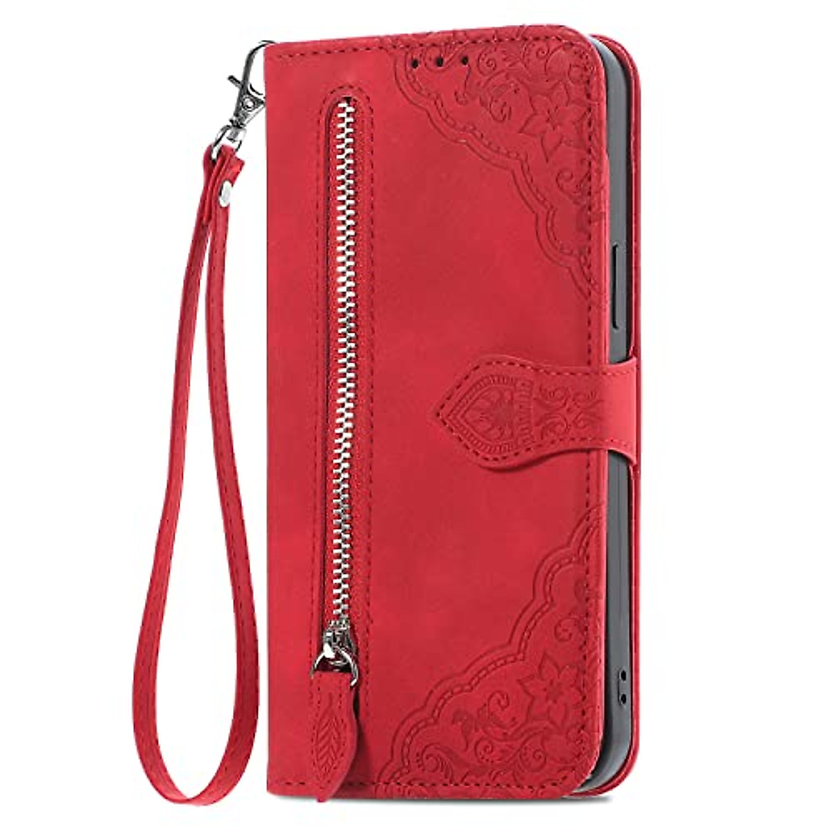 ONV Wallet Case for Oppo A92 / Oppo A72 / Oppo A52 - with Zipper Wrist Strap Emboss Flower Flip Phone Case Card Slot Magnet Leather Shell Flip Stand Cover for Oppo A92 / Oppo A72 / Oppo A52[SZY] -Red