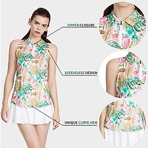 CQC Women's Sleeveless Golf Shirts Quick Dry Floral Athletic Polo with Collar Zip Up Lightweight Tennis Tank Tops Water Lily L