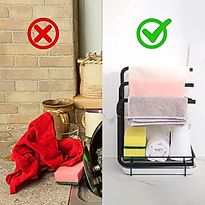 Sponge Holder with Drain Pan for Kitchen Sink Kitchen Towel Rack Sink Caddy Organizer for Dish Sponge Brush Soap Dishcloth Holder(Black)