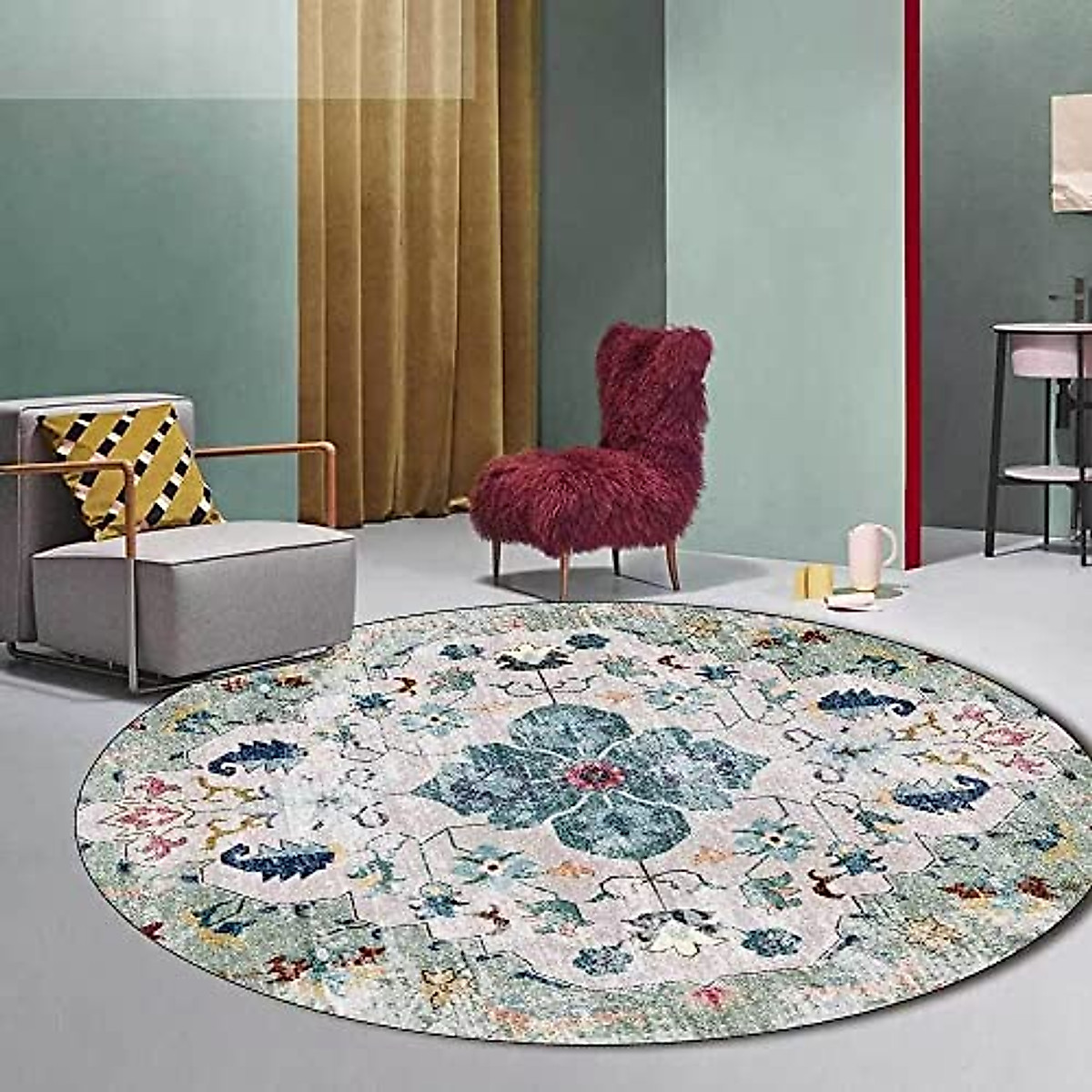 Small Round Boho Rug 2ft Washable Chic Area Rugs Farmhouse Vintage Distressed Circle Floor Mats Carpet for Bedroom Bathroom Entryway
