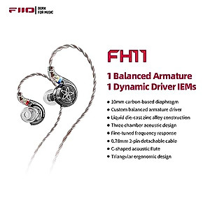 FiiO FH11 HiFi 1DD+1BA Hybrid Driver in-Ear IEM Earphone with Detachable 0.78 2Pin Cable HiFi Stereo Wired Earbuds for Musician/Audiophile