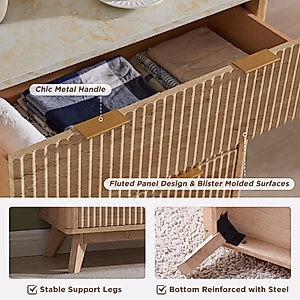 T4TREAM Fluted 6 Drawers Dresser, 54" Wide Modern Chest of Drawers with Faux Marble Top, Curved Profile Design, Dresser TV Stand, Wood Drawer Organizer for Bedroom, Living Room, Hallway, Natural Oak