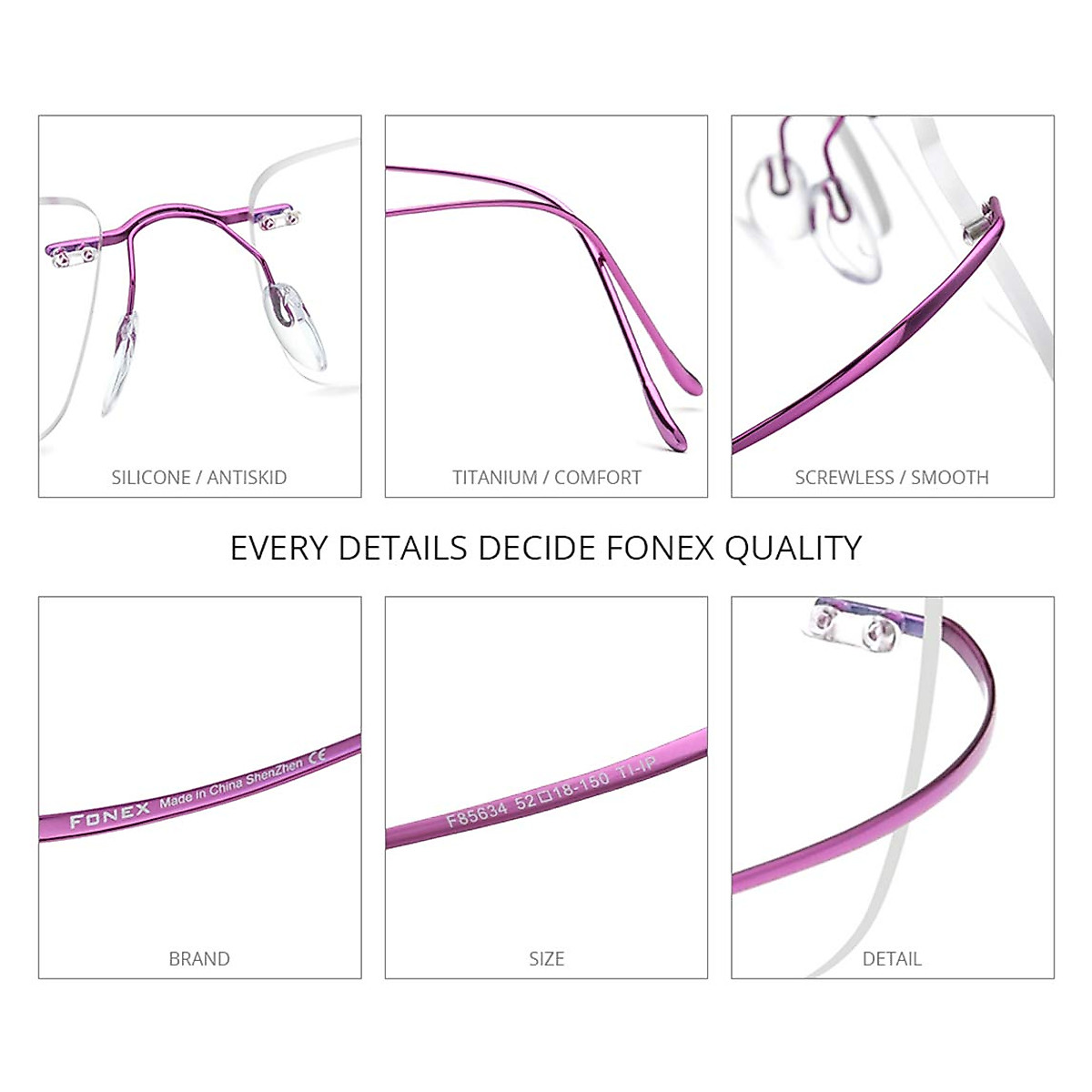 FONEX Titanium Glasses Frame,Rimless Frameless Optical Eyewear Eyeglasses for Men and Women F85634 (Silver)