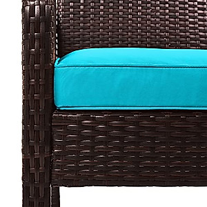Merax Outdoor Patio PE Wicker Rattan Sofa Dining Set with Removable Cushions empered Glass Tea Table for Backyard, Poolside, Deck, Blue,6 Piece