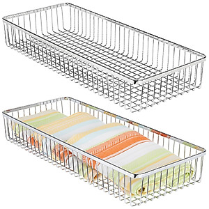 mDesign Metal Farmhouse Kitchen Cabinet Drawer Organizer Basket Tray, Shallow Storage Bin for Cutlery, Serving Spoons, Cooking Utensils, Appliances, Gadgets, Unity Collection, 15" Long, 2 Pack, Chrome