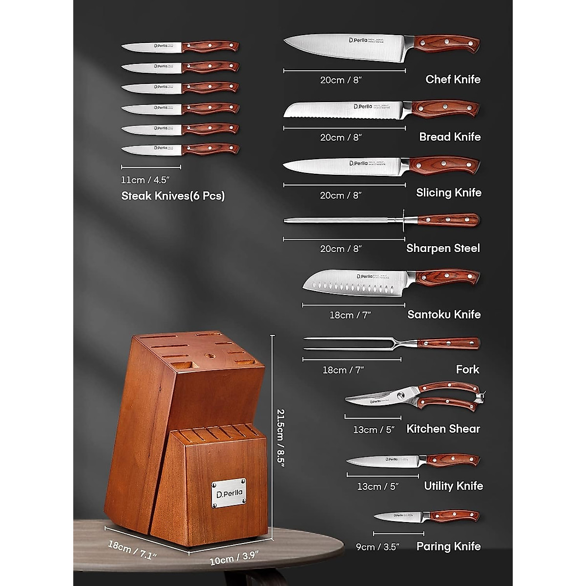Knife Set with Block, 16 Pcs Stainless Steel Kitchen Knife Set with Sharpener & Wooden Block, Knife Block Set with Wood Handle, Chef, Santoku, Bread, Utility, Paring & Carving Fork Knife, Brown