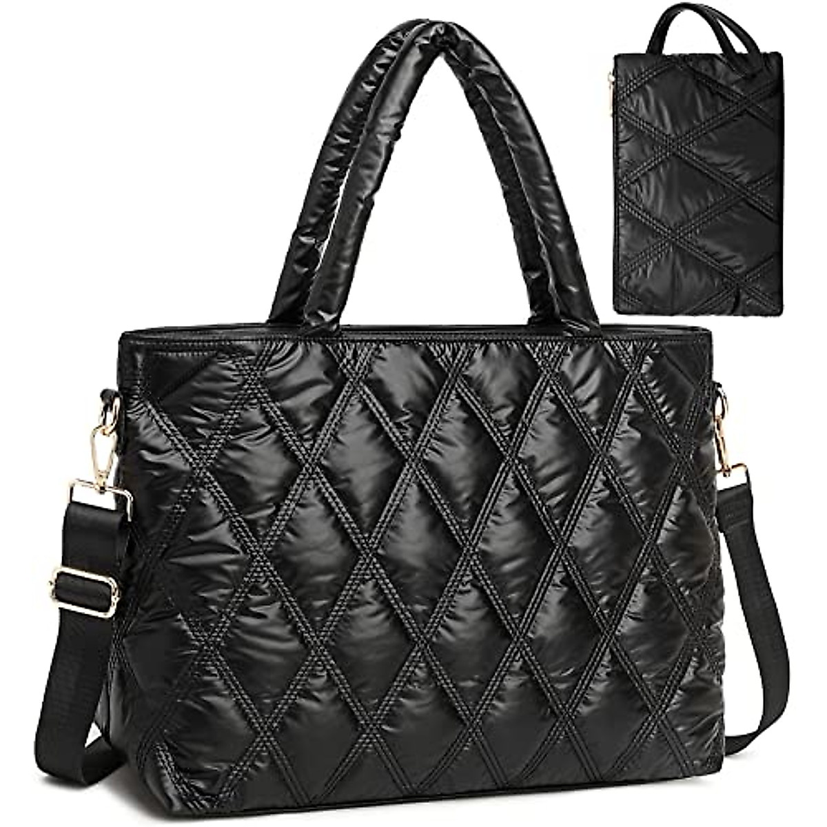 LEDAOU Tote Bag Women Quilted Teacher Purse and Handbags Shoulder Crossbody Puffer Hobo Bags 2pcs for Work Office School (Black)