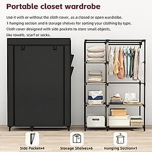 Calmootey Portable Closet Organizers, Clothing Storage, Wardrobe with 6 Shelves and Hanging Rod, Non-Woven Fabric Cover with 4 Side Pockets, Black