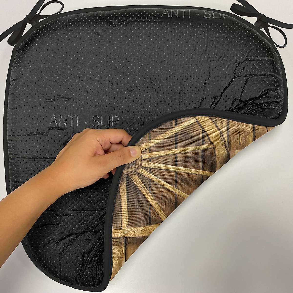 Lunarable Western Chair Cushion Pads Set 12, Old Wagon Wheel Next to Rustic Wooden House Vintage Window Buckets Cottage Print, Anti-Slip Seat Padding for Kitchen & Patio, 16"x16", Olive Green