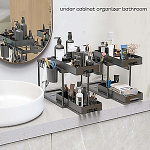 Under Sink Organizer, 2 Tier Pull Out Cabinet Organizer Sliding Sink Organizers and Storage Multi-Purpose Kitchen Bathroom Under Sink Organizers Shelf Black