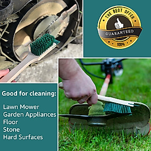 Scrubbing Brush Heavy Duty, Stiff Bristle Brush with Scraper - Wooden Scrub Brush, Bristle Brush for Cleaning, Lawn Mower Deck Scraper, Mower Cleaning Tool, Universal Outdoor Scrub Brush with Handle