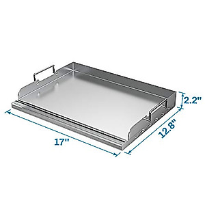 Skyflame Universal Stainless Steel Griddle Flat Top Plate with Even Heating Bracing for BBQ Charcoal/Gas Grills, Camping, Tailgating, and Parties 17" x 13"