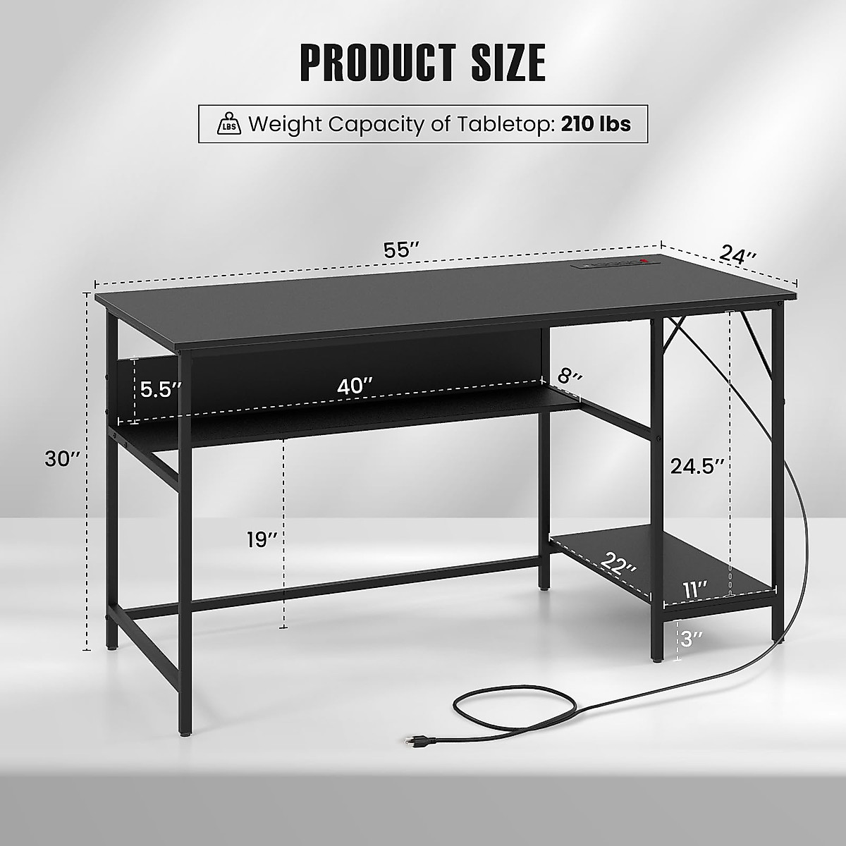 IFANNY 55’’ Computer Desk, PC Gaming Desk with Power Outlet & USB Ports, Large Home Office Desk with Storage Shelves & Steel Frame, Industrial Study Desk for Bedroom (Black)
