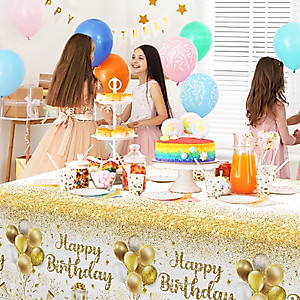 Happy Birthday Tablecloths,Gold and White Birthday Party Decorations 3pcs Gold Confetti Disposable Table Cover for Indoor or Outdoor Girls Boys Women Men’s 21st 30th 50th Birthday Party