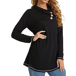 WEIYAN Women's Cowl Neck Tunic Long Sleeve Pullover Shirt Casual Sweatshirt Loose Tops with Buttons(Black,X-Large)