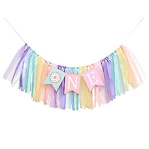 Donut 1 to 2 Years Old Birthday Banner - Donut Theme Birthday High Chair Banner, a Soft Rainbow Ribbon Tutu Group, Sweet Days, Leaving a Wonderful Party Time, Perfect Party Decoration. (Donut 1)