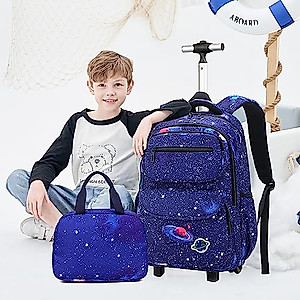 Egchescebo School Kids Rolling Backpack for Boys With Wheels 3PCS 18" Trolley Wheeled Backpacks Students Travel Bags Backpack With Lunch Box Pencil Bag (Non-Removable for More Durability) Blue