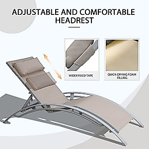 Domi Pool Lounge Chairs Set of 3, Adjustable Aluminum Outdoor Chaise Lounge Chairs with Metal Side Table, All Weather for Deck Lawn Poolside Backyard -Beige Textilene