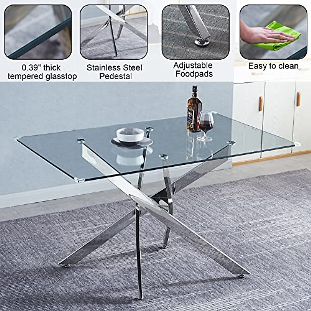 63" Glass Dining Table for 6, Rectangular Glass Dining Room Table with 0.39" Tempered Glasstop & Silver Stainless Steel Pedestal Base, Modern Dining Table for Kitchen Dining Living Room