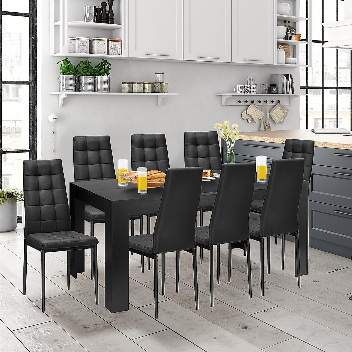 Giantex 9 Pcs Dining Table Set, Wood Rectangular Table with 8 Upholstered Chairs Set, Modern Kitchen Table Set, Black Dining Room Table Set, Home Kitchen Dinette Furniture Family Party