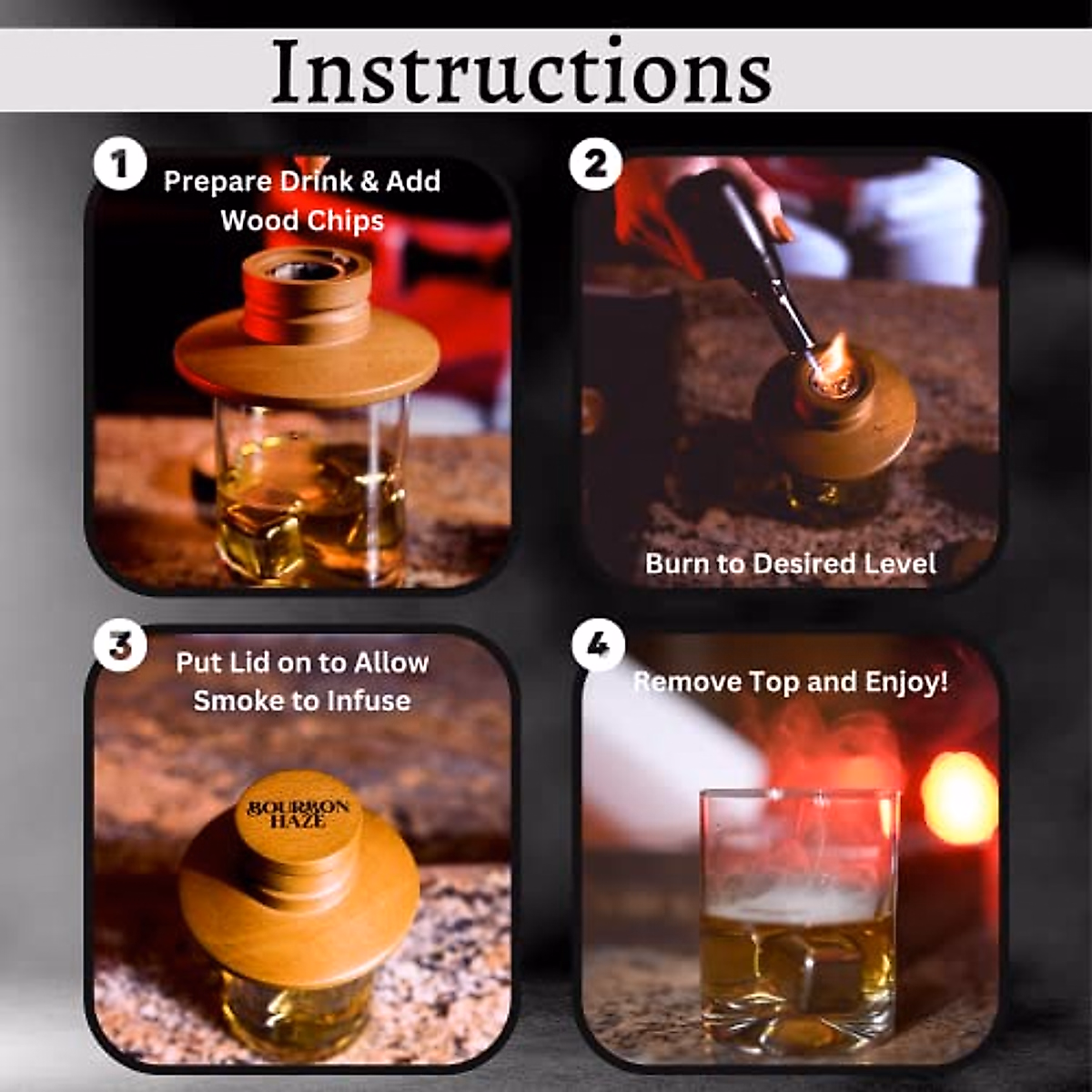 Bourbon Haze Cocktail Smoker Kit with Torch - Old Fashioned Smoker Kit, Bourbon Smoker Kit, Whiskey Smoker Kit (No Butane)