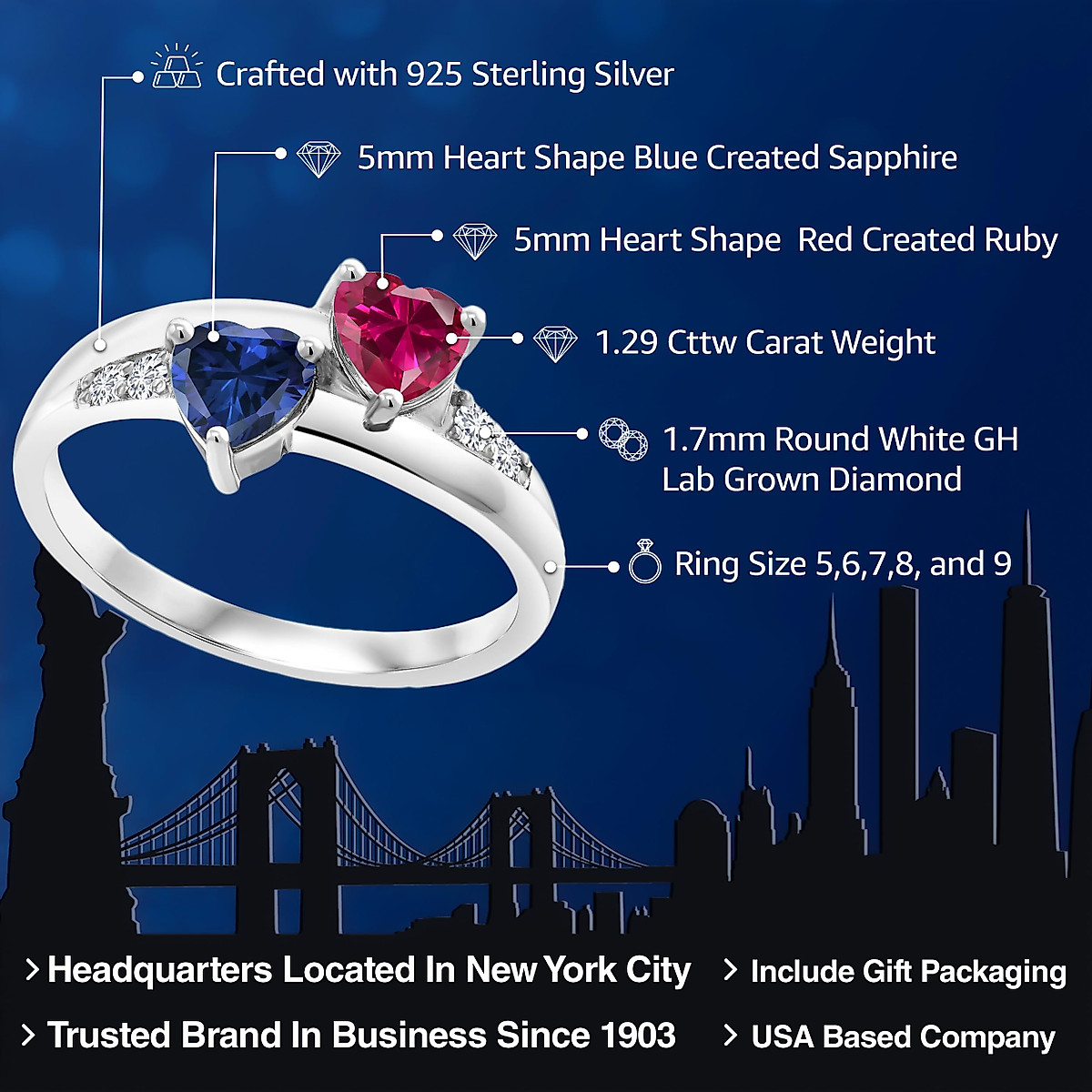 Gem Stone King 925 Sterling Silver Red Created Ruby Blue Created Sapphire and White Lab Grown Diamond Ring For Women (1.29 Cttw, Heart Shape 5MM, Available in size 5, 6, 7, 8, 9)
